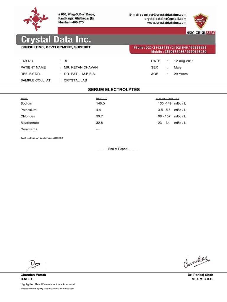 Serum Electrolyte Report Analysis | PDF
