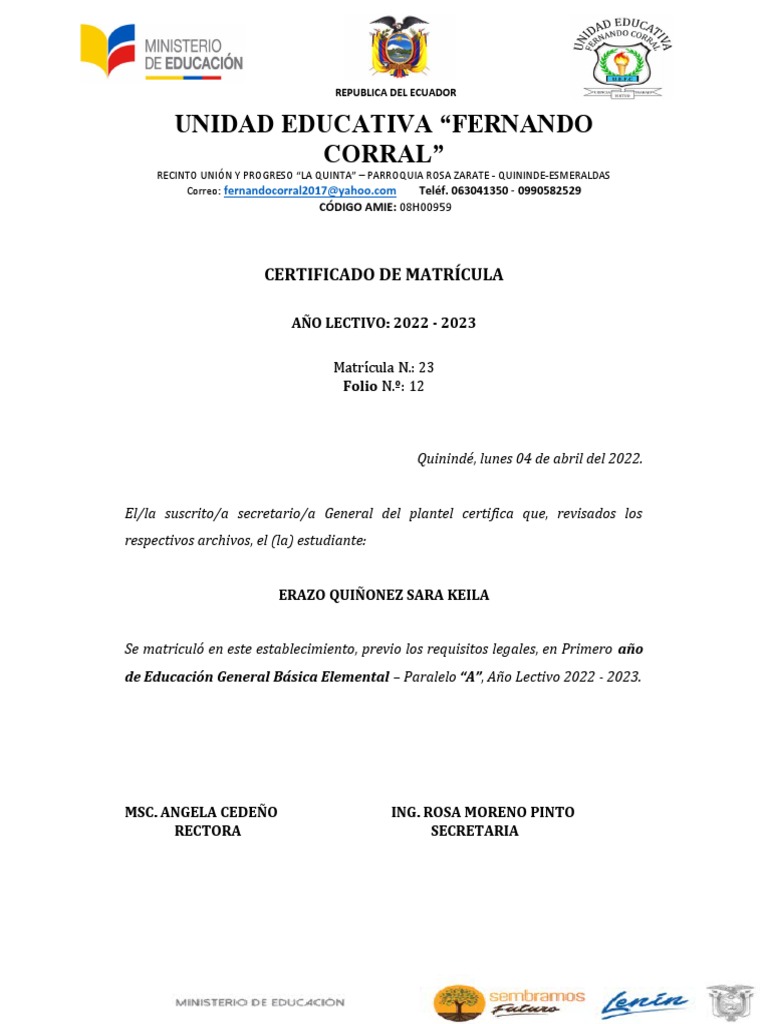 Certificados de Matrícula 2020-2023 | PDF | Crecimiento personal y ...