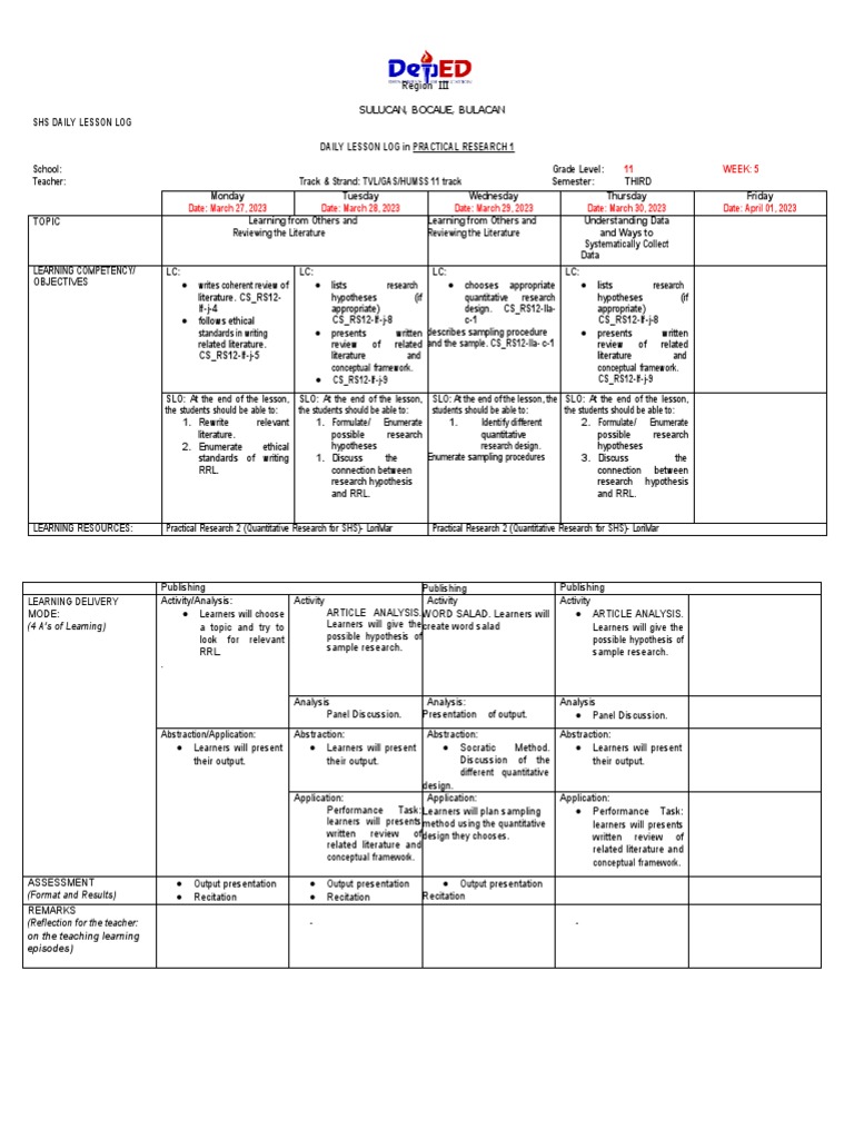 SHS Daily Lesson Log: Practical Research | PDF