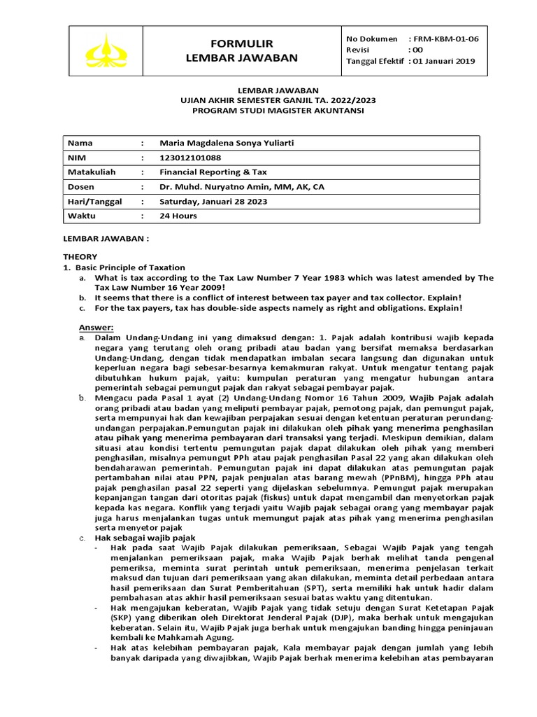 Formulir Lembar Jawaban UAS - Financial Reporting - Tax - Maria ... Formulir Lembar Jawaban UAS - Financial Reporting - Tax - Maria ...