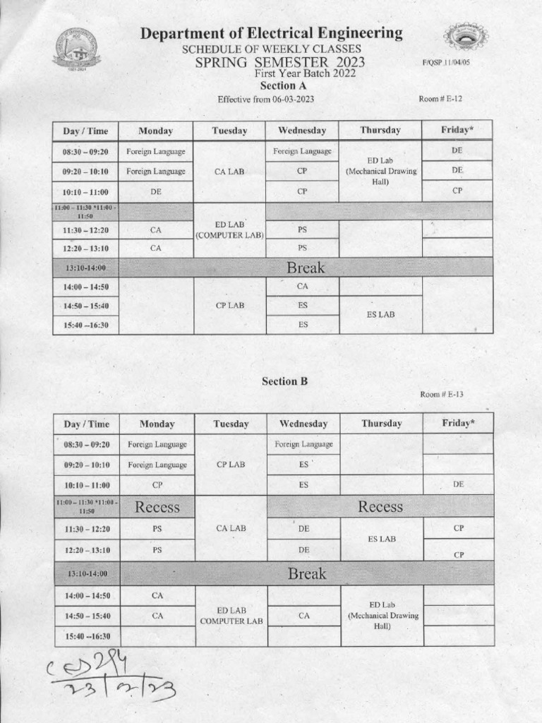 FE Time Table Spring-2023 | PDF