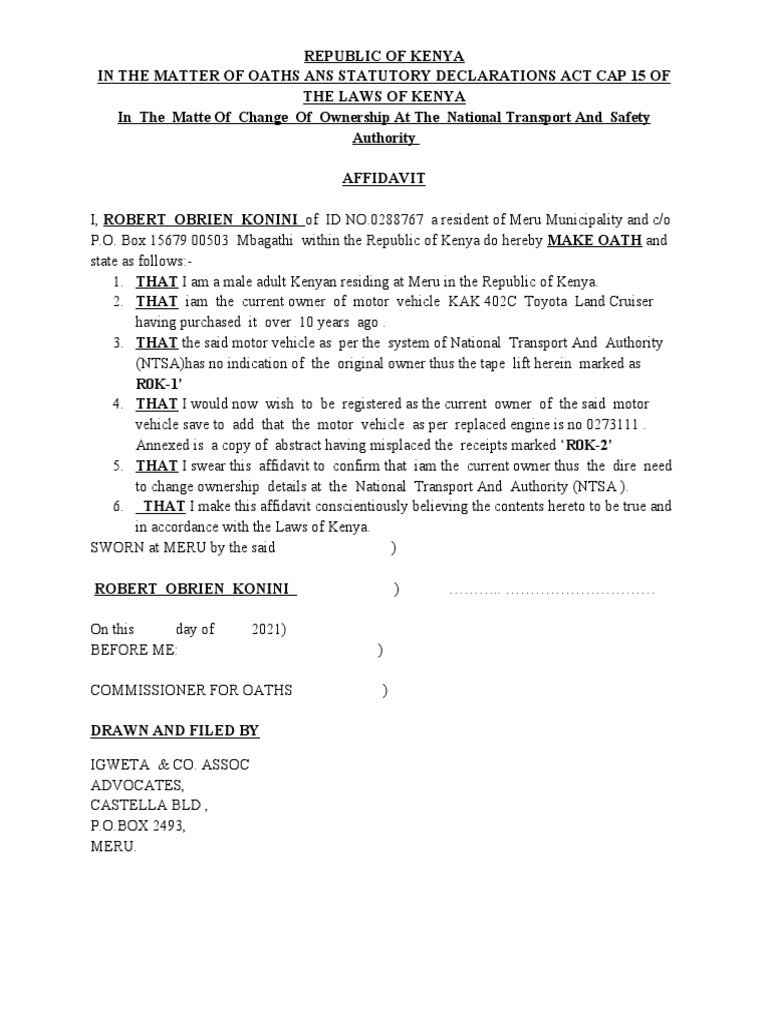 NTSA Ownership Change Affidavit Sample | PDF | Business | Law