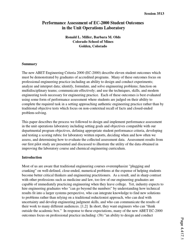 Performance Assessment of Ec 2000 Student Outcomes in The Unit ...