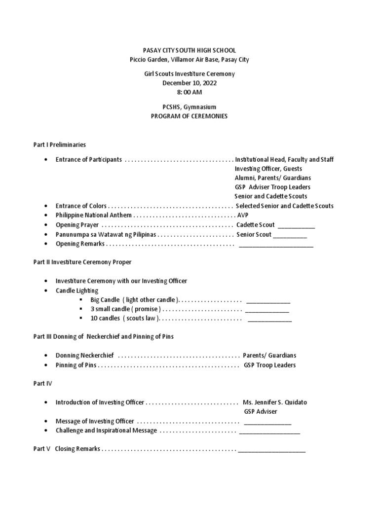 GSP Investiture Program | PDF | Youth Movements | Scouting