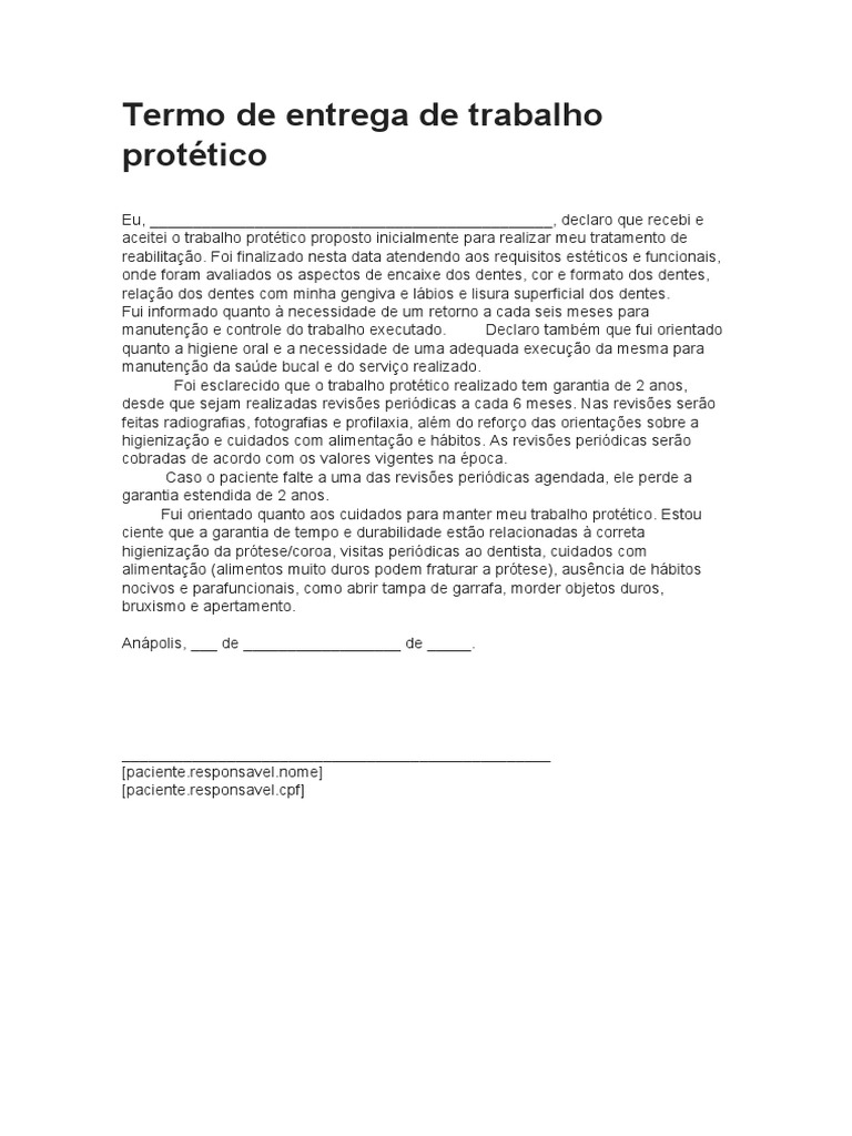 Termo de Entrega de Trabalho Protético | PDF