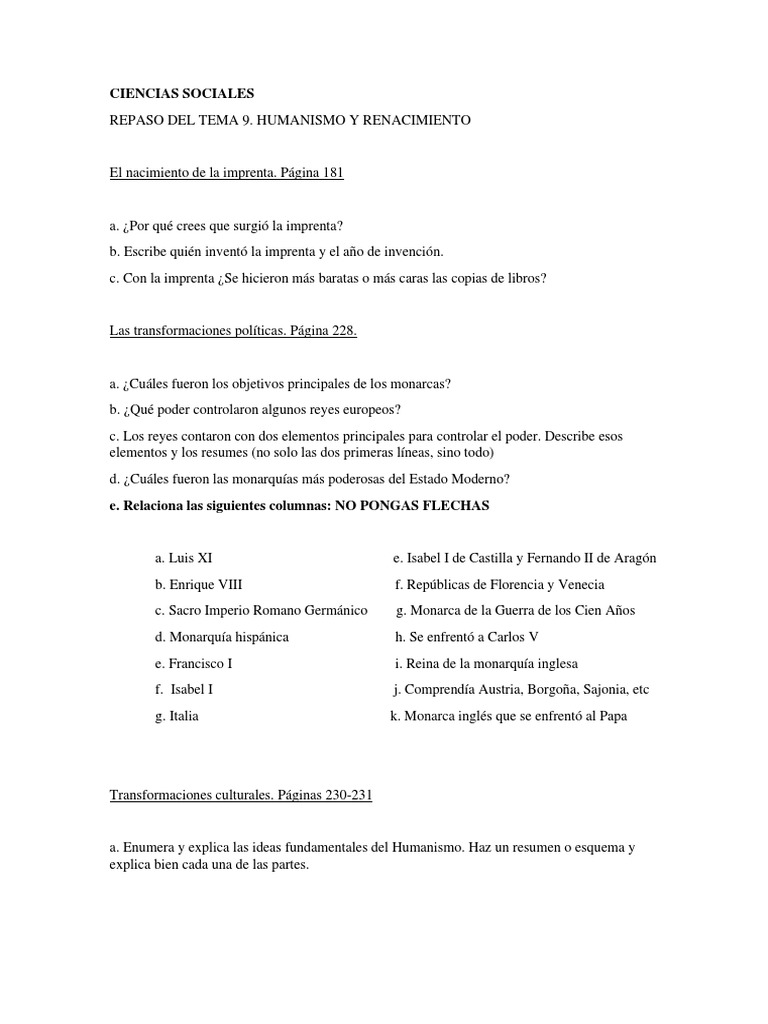Repaso Tema 9 | PDF | Renacimiento