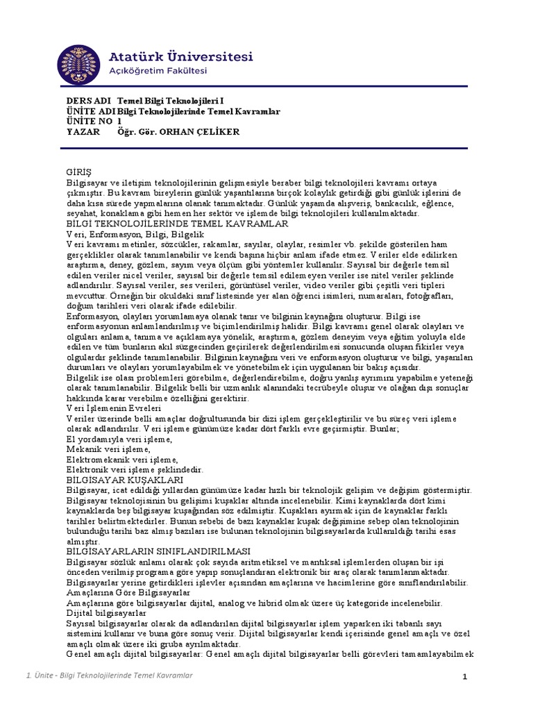 BİL1009 - Temel Bilgi Teknolojiler | PDF