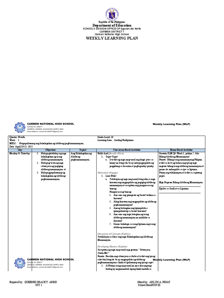 Weekly - Learning - Plan Grade 10 Week 1 | PDF