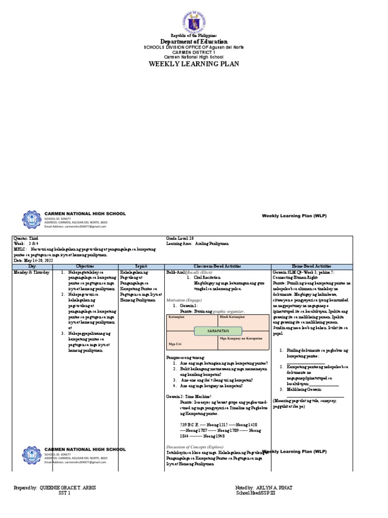 Weekly - Learning - Plan Grade 10 Week 3 4 | PDF