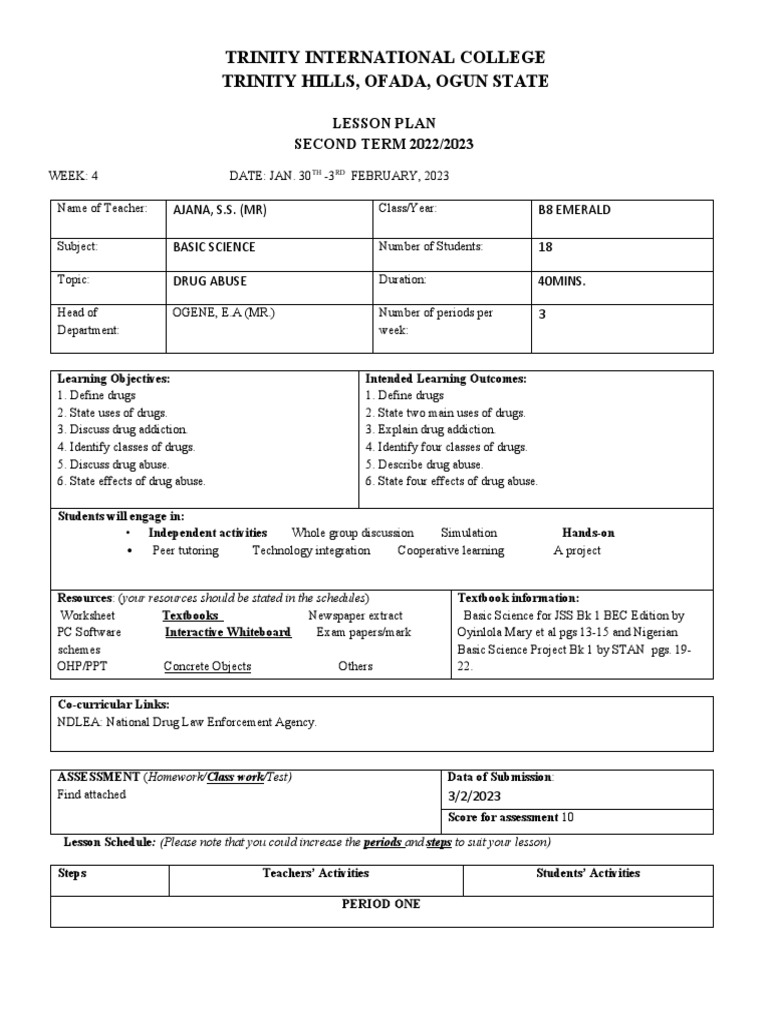 LESSON PLAN On Drug Abuse | PDF | Teachers | Education Theory
