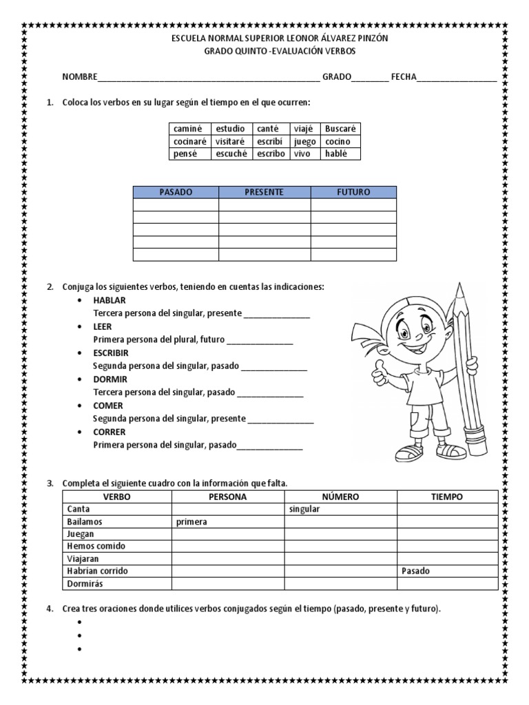 Evaluación de Verbos para Quinto Grado | PDF | Artes del Lenguaje y ...