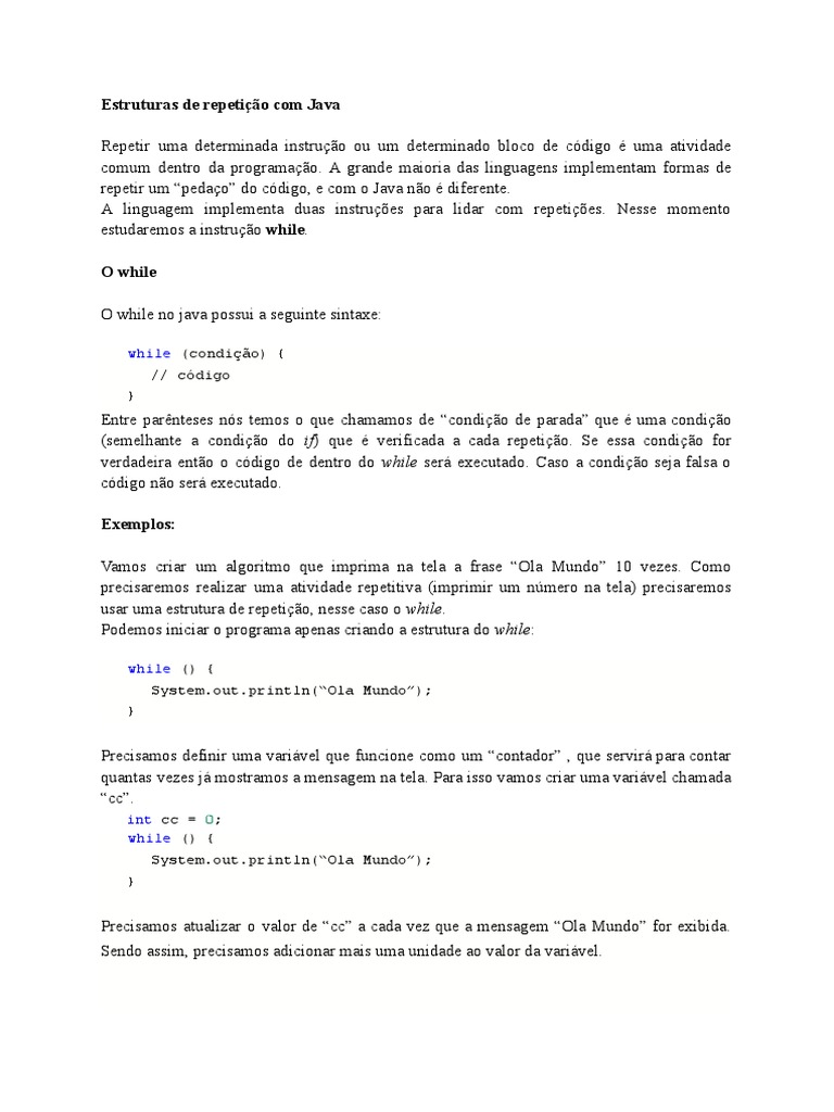 Estrutura While em Java: Guia Prático | PDF | Linguagem de programação ...