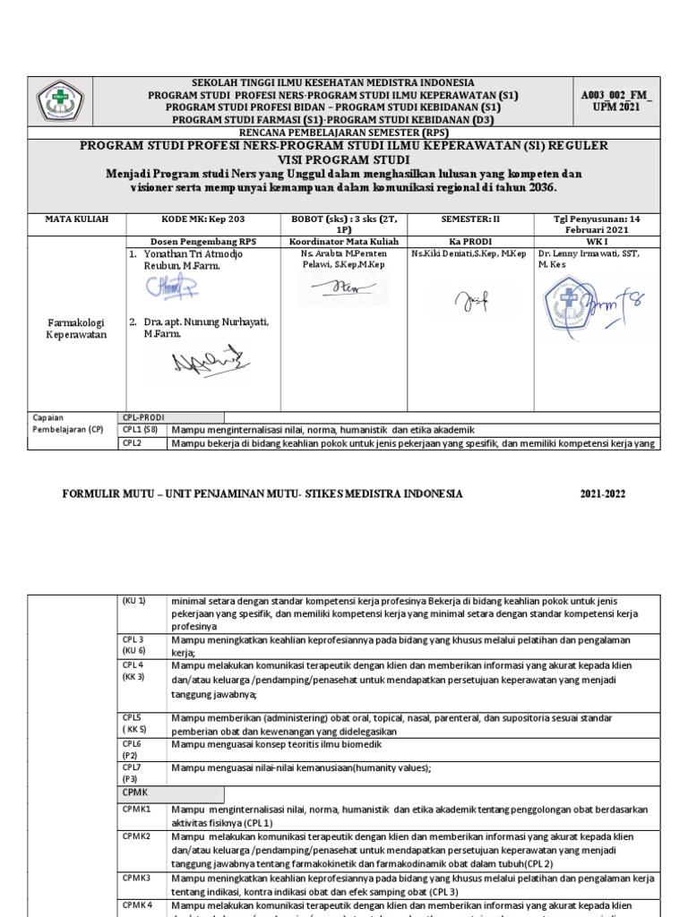 RPS Farmakologi Keperawatan STIKES Medistra | PDF