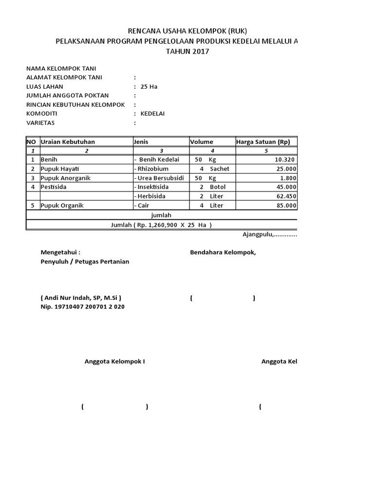 BLANGKO RENCANA USAHA KELOMPOK (RUK) | PDF