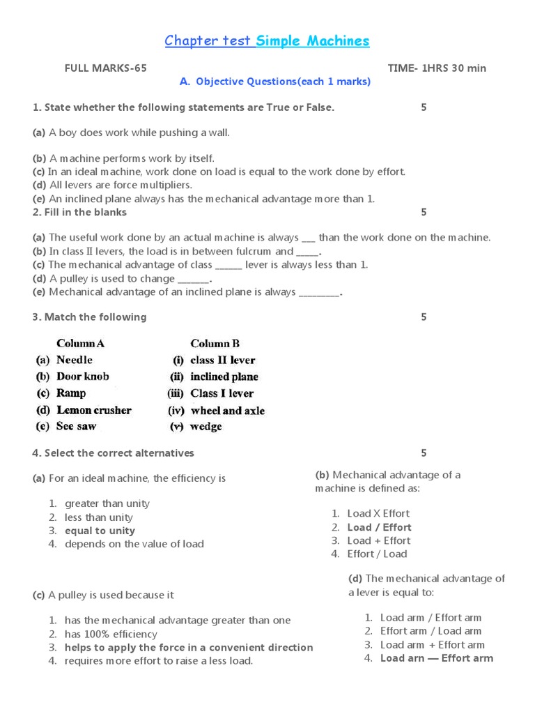 Chapter Test Simple Machines | PDF | Lever | Machines Chapter Test Simple Machines | PDF | Lever | Machines