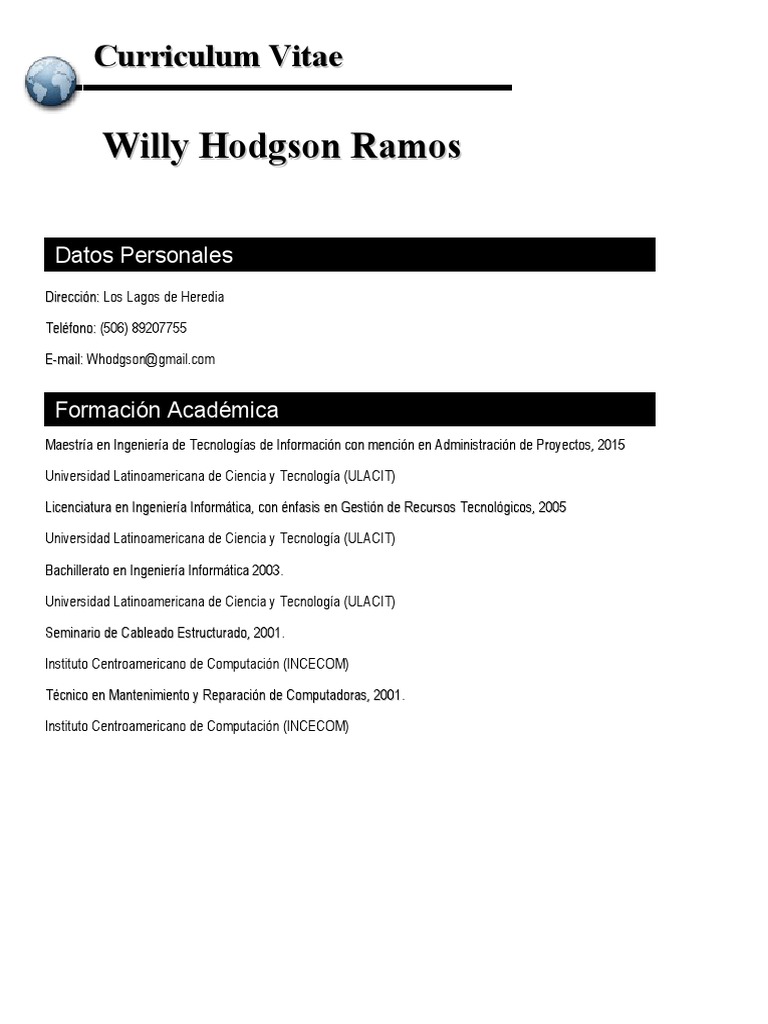 Curriculum Vitae Willy Hodgson | PDF | Sistema de información geográfica | Informática
