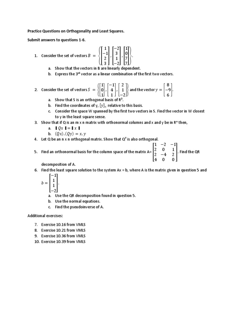 Practice Questions On Orthogonality and Least Squares | PDF | Teaching ...