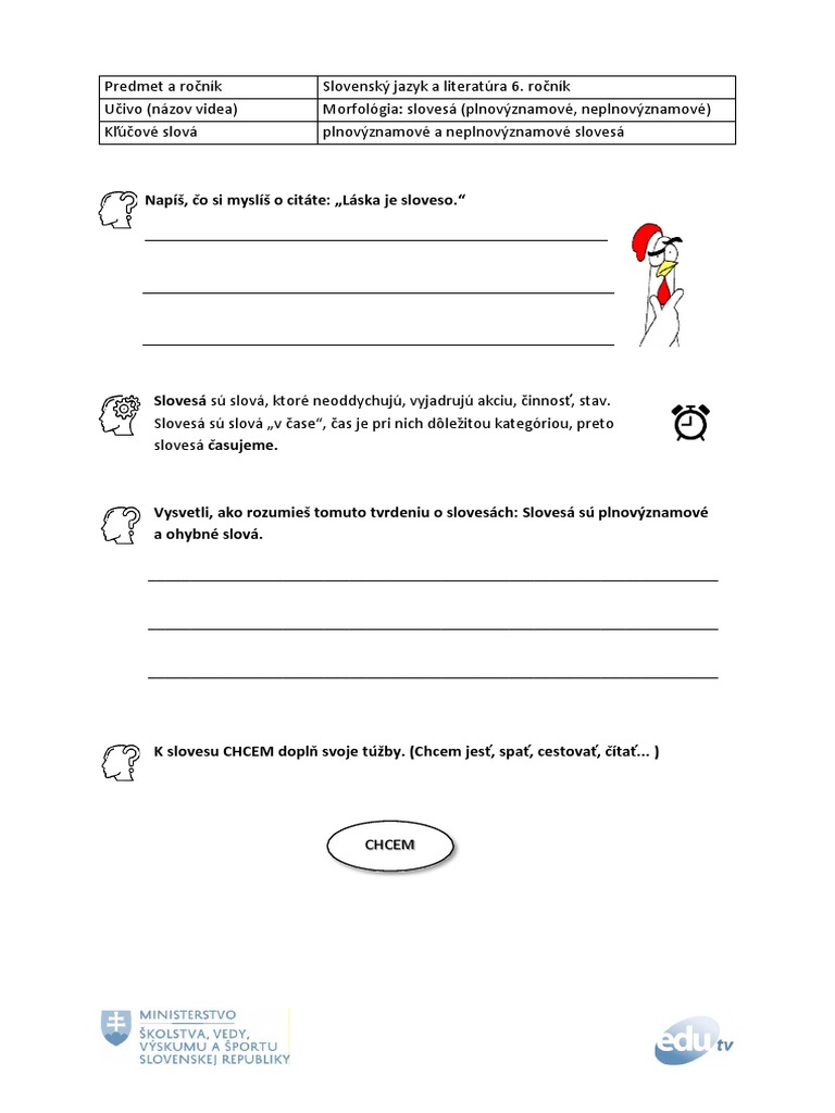 Slovensky Jazyk 6r Morfologia Slovesa Plnovyznamove Neplnovyznamove | PDF