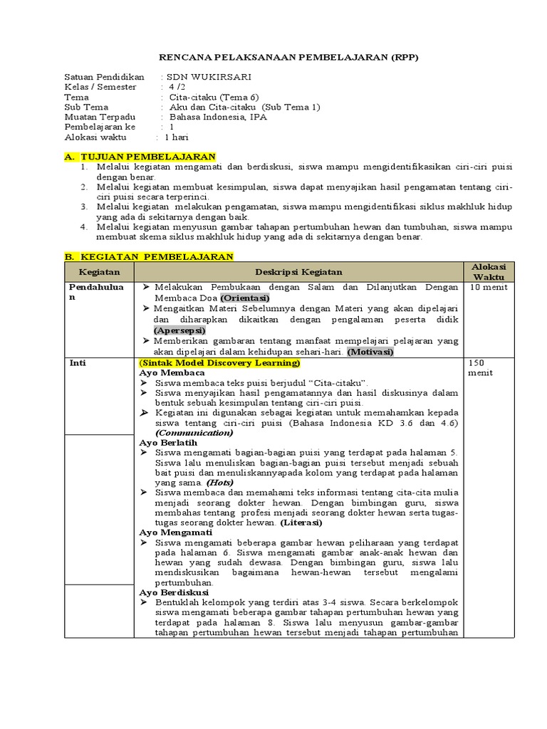 RPP Tema 6 Kelas 4 | PDF