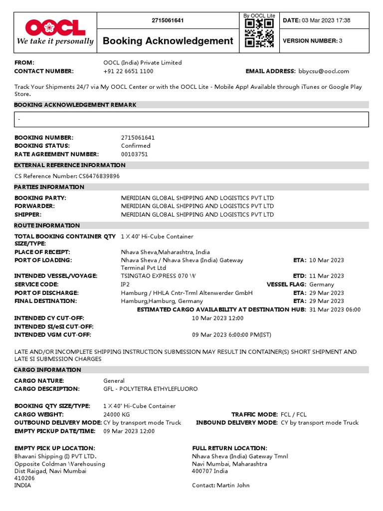 Booking Confirmation for Shipment of Polyethylene from India to Germany ...