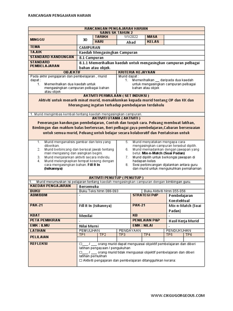 RPH Minggu 30 Sains THN 2 | PDF