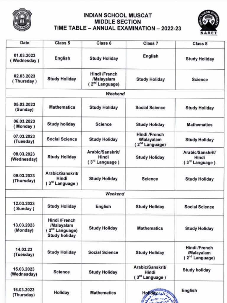 Timetable - Annual Exam - Middle Section | PDF