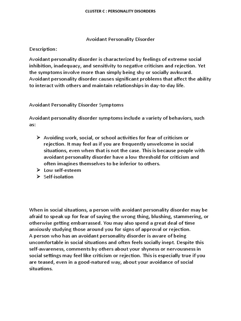 Cluster C Personality Disorders | PDF | Mental Disorder | Shyness