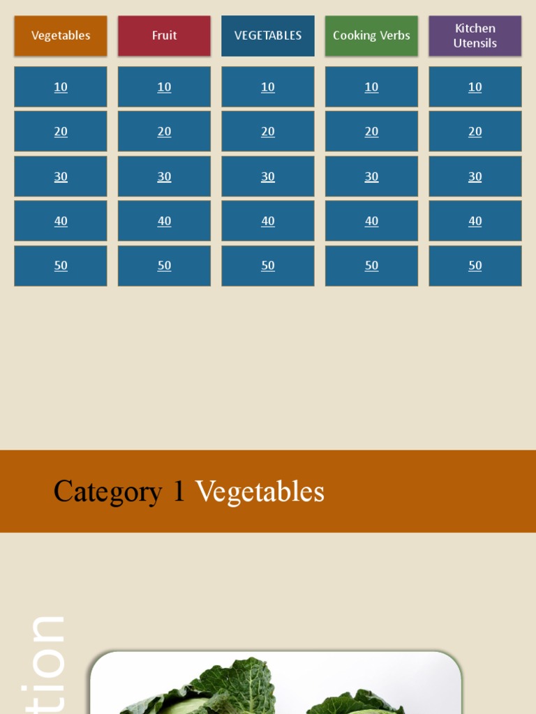 Food and Cooking Vocabulary Jeopardy Game | PDF | Legume | Vegetables