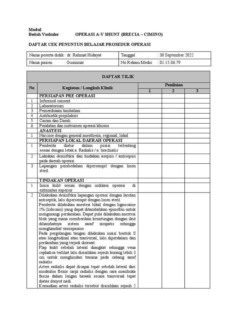 Prosedur Operasi A-V Shunt Brecia-Cimino | PDF