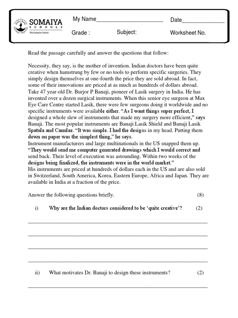 Worksheet - Comprehension | PDF | Surgery