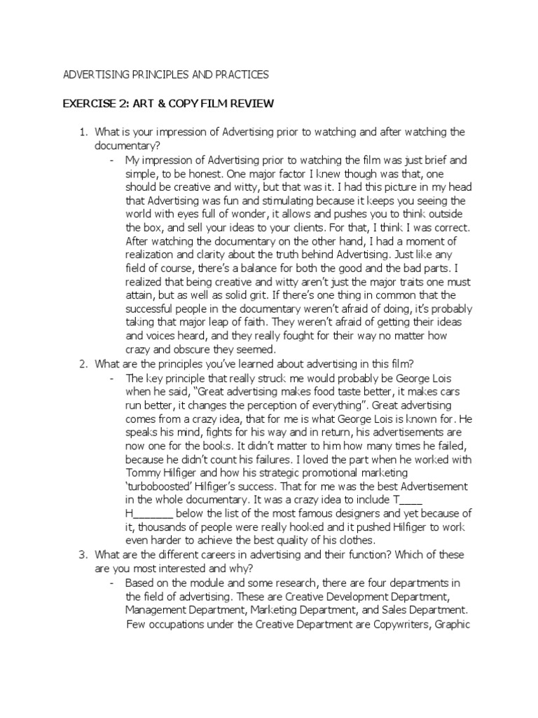 Advertising Principles and Practices - Art and Copy Film Review | PDF ...