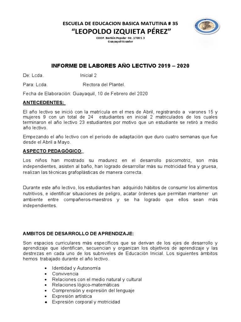 Informe Anual de Labores de la Docente de Inicial 2 de la Escuela de Educación Básica Matutina ...