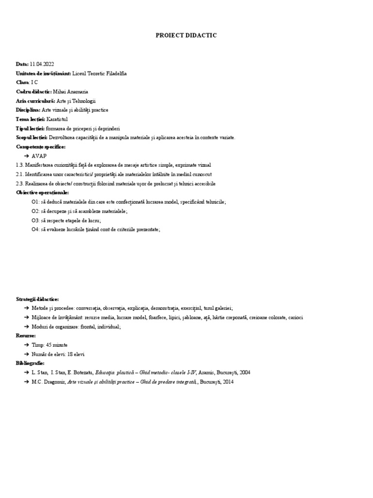 AVAP - Proiect Didactic-Clasa I | PDF