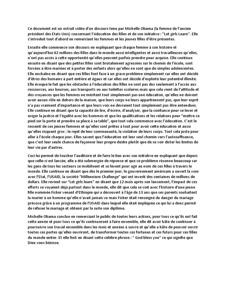Discours de Michelle Obama sur l'éducation | PDF