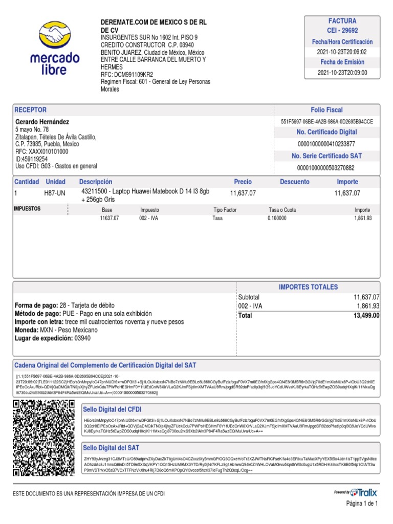 Compra de una laptop Huawei Matebook D 14 a través de factura ...