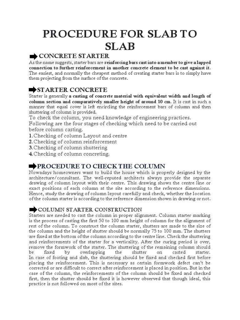 Column Starter Construction Procedure | PDF | Concrete | Column