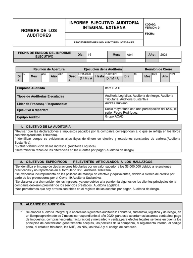 Formato Informe de Auditoria Integral Final Eje 4-1 | PDF | Auditoría | Contabilidad