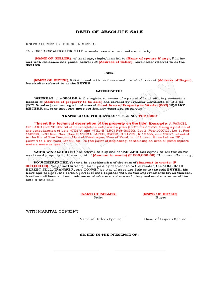 Deed of Absolute Sale - Sample 8 | PDF | Real Property Law | Land Lot