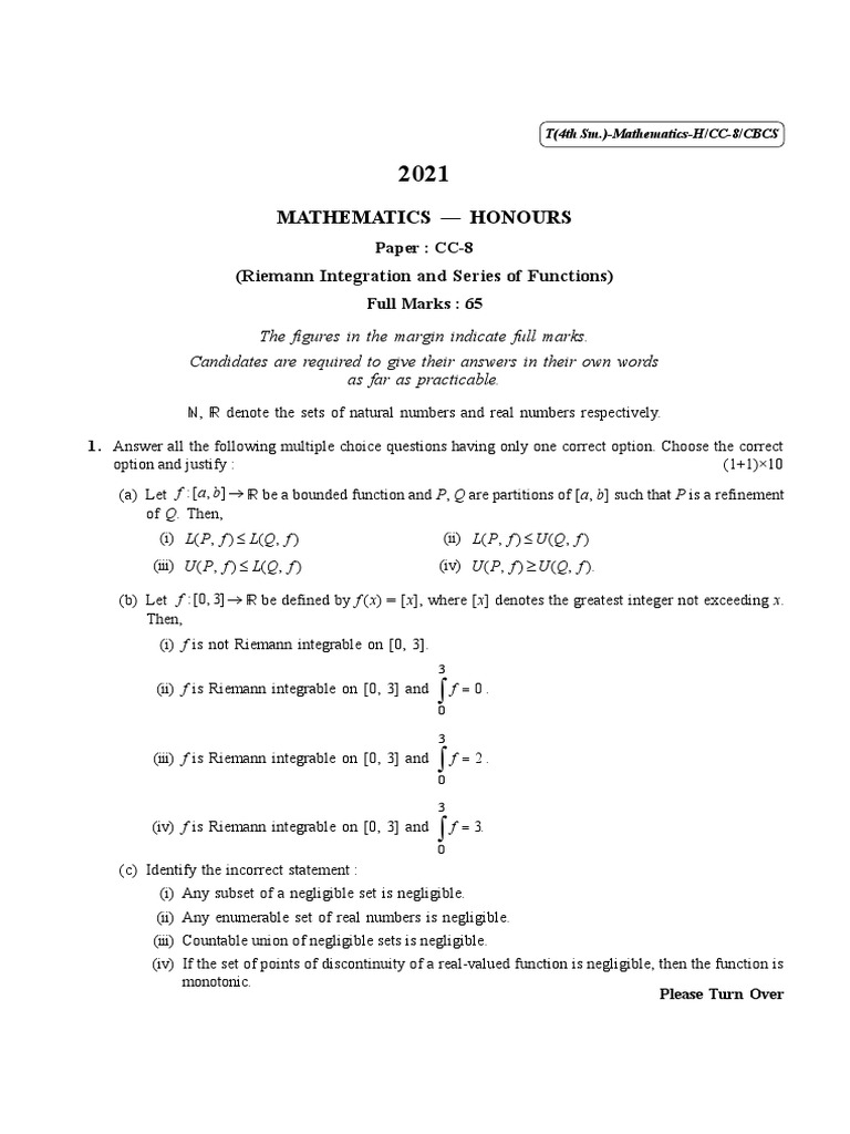 CU-2021 B.Sc. (Honours) Mathematics Semester-IV Paper-CC-8 QP | PDF | Limit (Mathematics ...