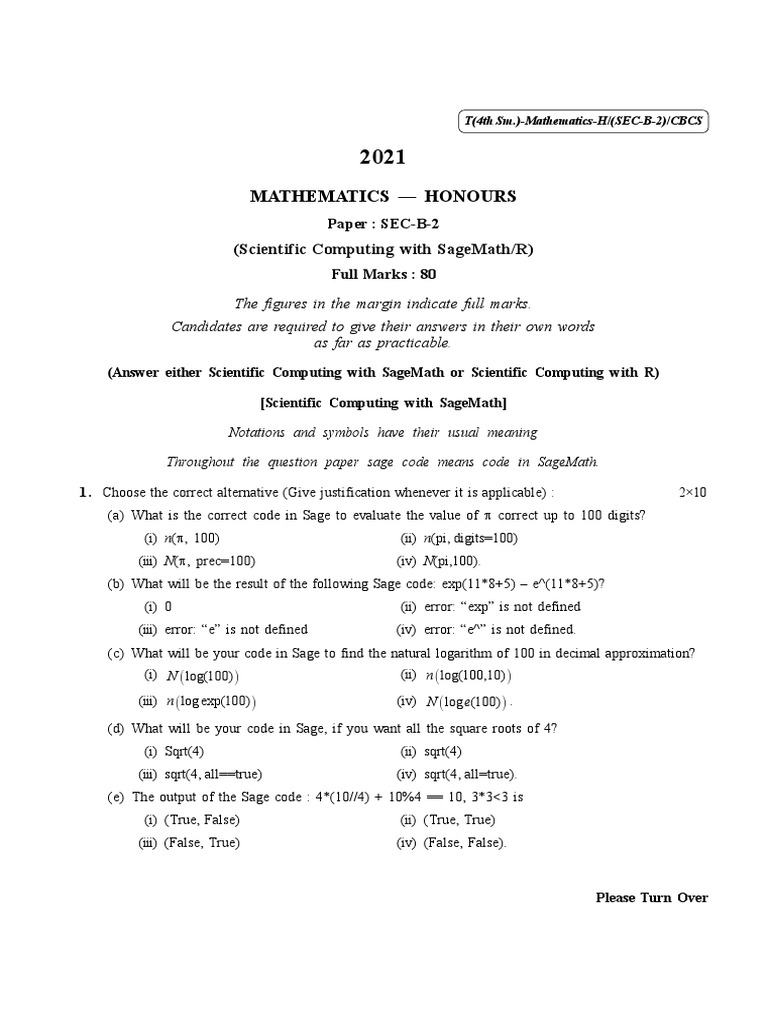 CU-2021 B.Sc. (Honours) Mathematics Semester-IV Paper-SEC-B-2 QP | PDF | Logarithm | Equations