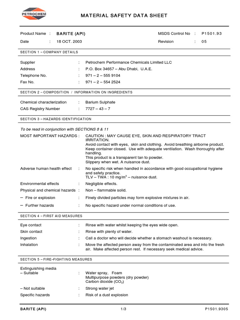Barite API MSDS | PDF | Water | Hazards