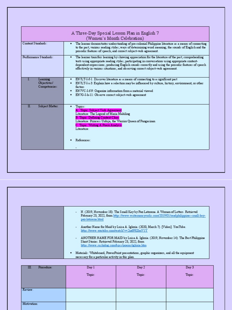 Sample Lesson Plan For Lesson Plan in English 7 (Women's Month Celebration) | PDF | English ...