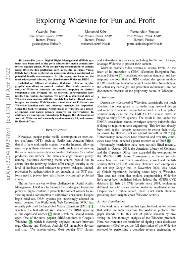 Exploring Widevine For Fun and Profit | PDF | Key (Cryptography) | Encryption