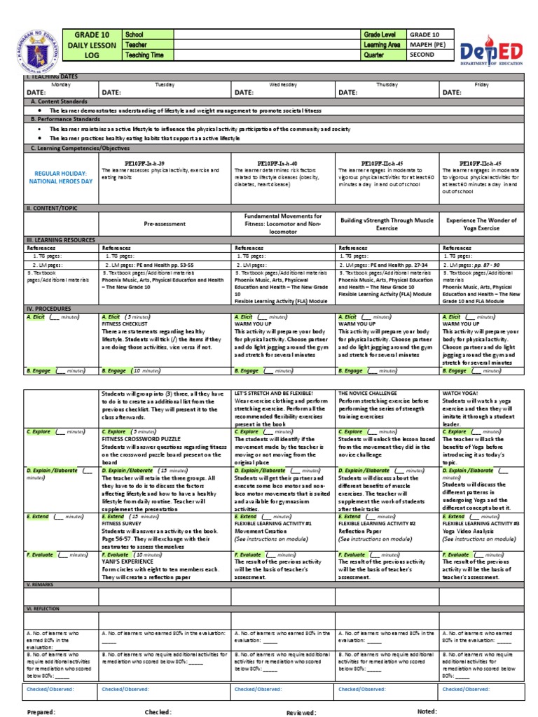 PE10 Second Quarter Lesson Plan | PDF | Physical Education | Physical ...