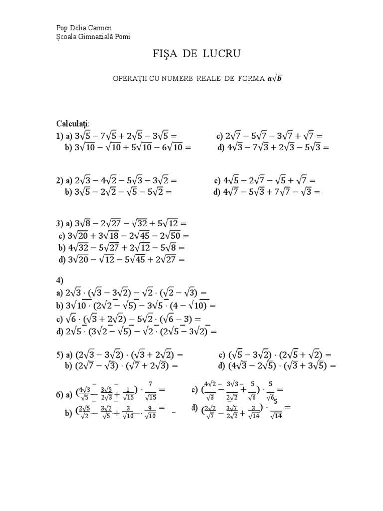 Operatii Cu Radicali - Cls VII - Fisa de Lucru | PDF