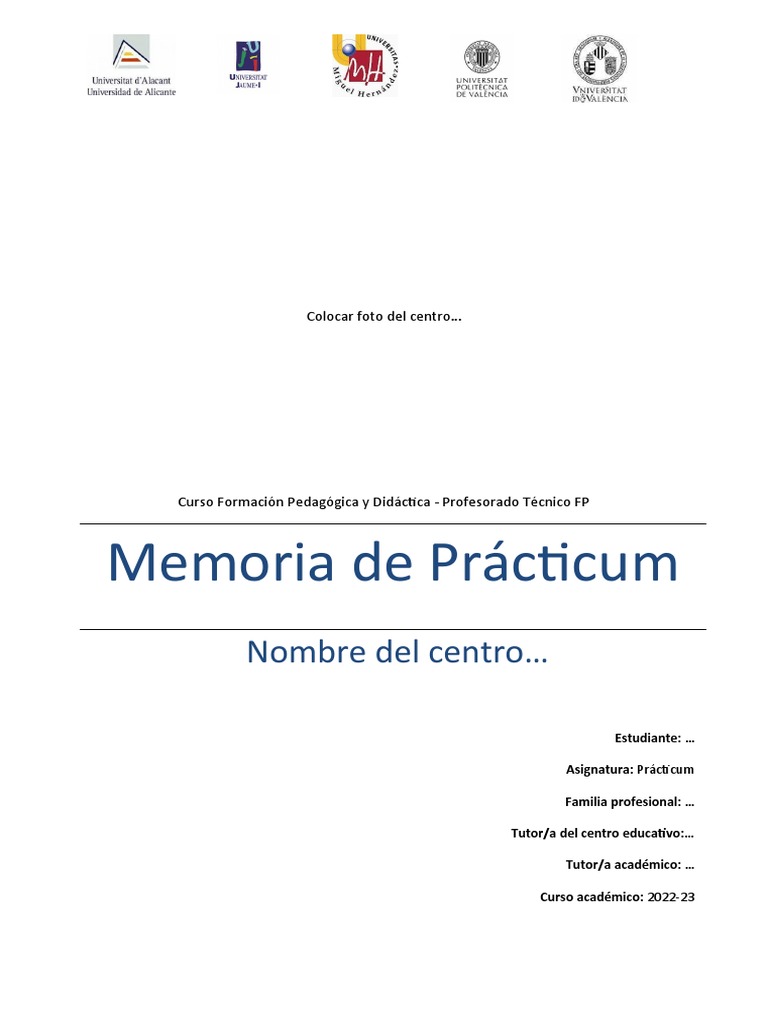 Modelo Word para La Memoria de Prácticas 2023 | PDF | Maestros | Evaluación Modelo Word para La Memoria de Prácticas 2023 | PDF | Maestros | Evaluación