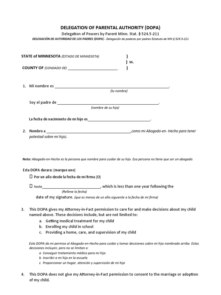Delegation of Parental Authority (Dopa) : State of Minnesota) ) Ss ...