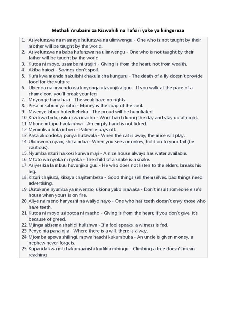 Methali Arubaini Za Kiswahili Na Tafsiri Yake Ya Kiingereza | PDF