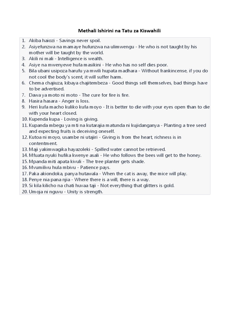 Methali Ishirini Na Tatu Za Kiswahili | PDF