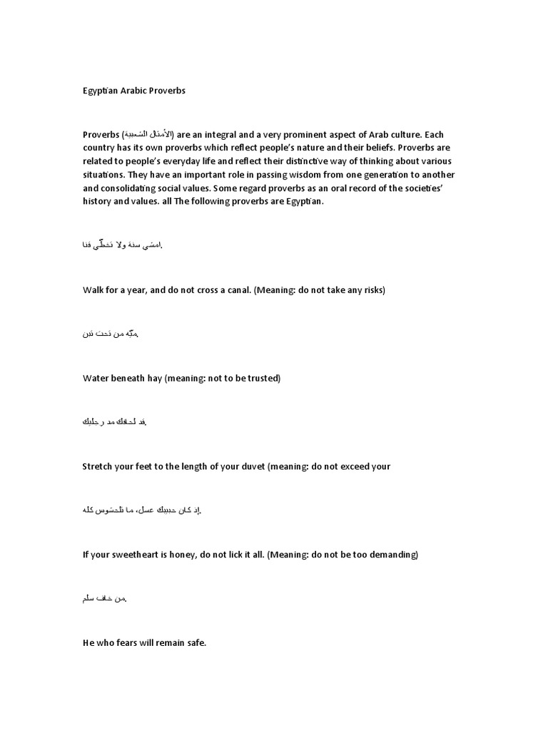 Egyptian Arabic Proverbs | PDF | Proverb | Translations